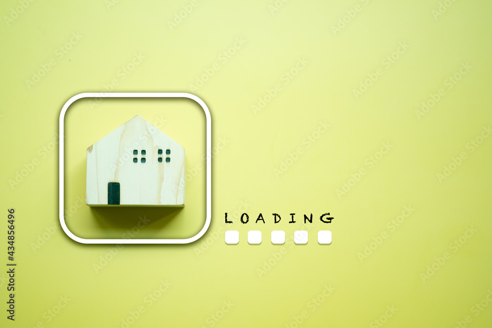 Wood home and loading progress bar icon on a yellow background Stock ...