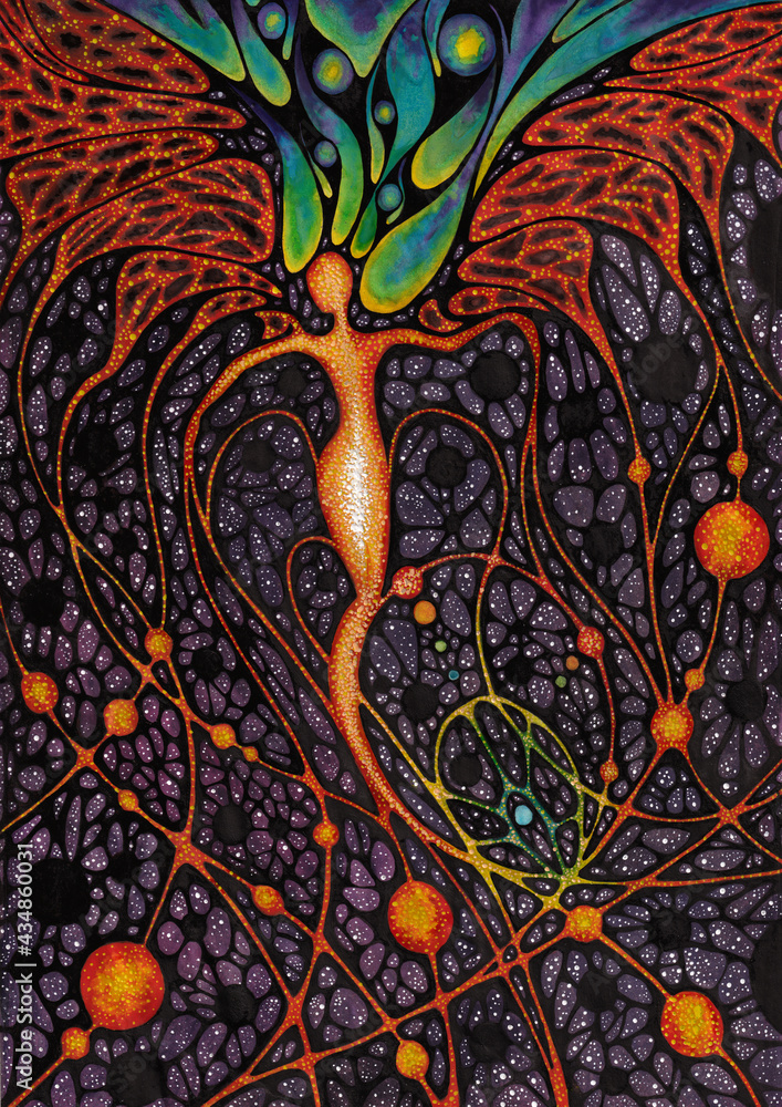 Watercolor illustration of a fiery winged soul soaring in the open ...