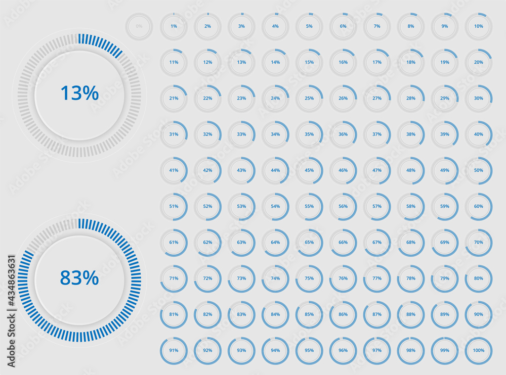 Set of round circle percentage meter for progress report. Flat blue ...