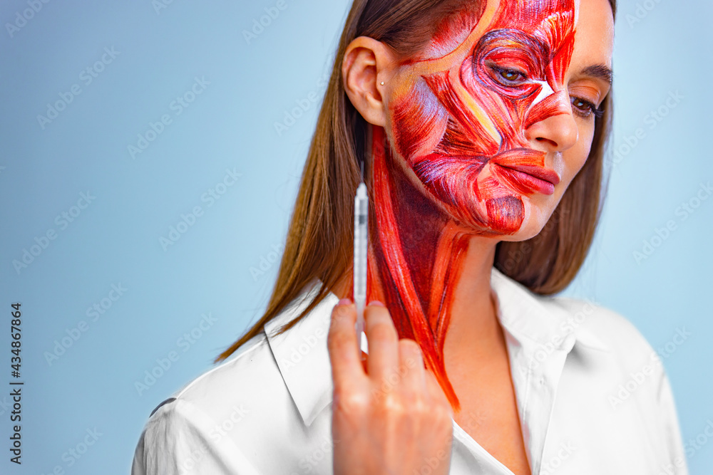 Cosmetic injection in the face. Young woman with half of face with ...