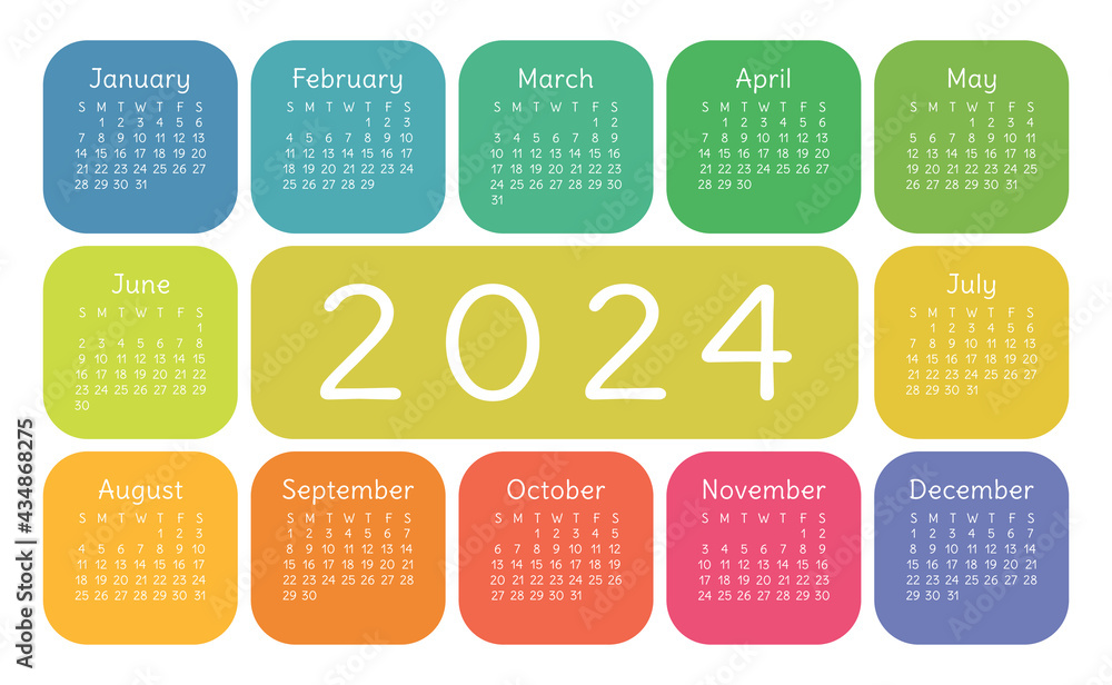 Calendar 2024 year. English colorful vector horizontal wall or pocket ...