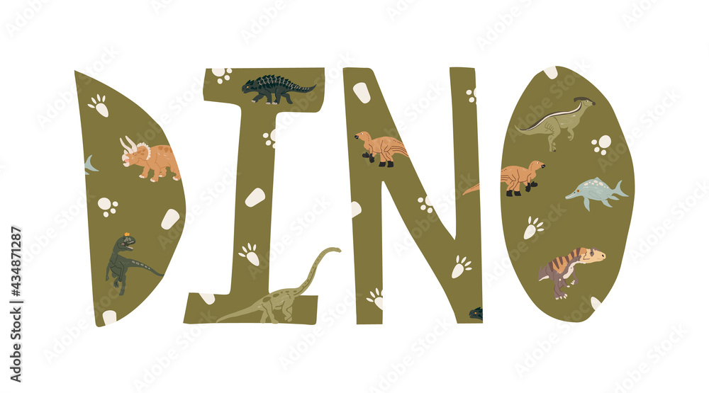 Dino lettering with funny vector flat dinosaurs in cartoon style ...