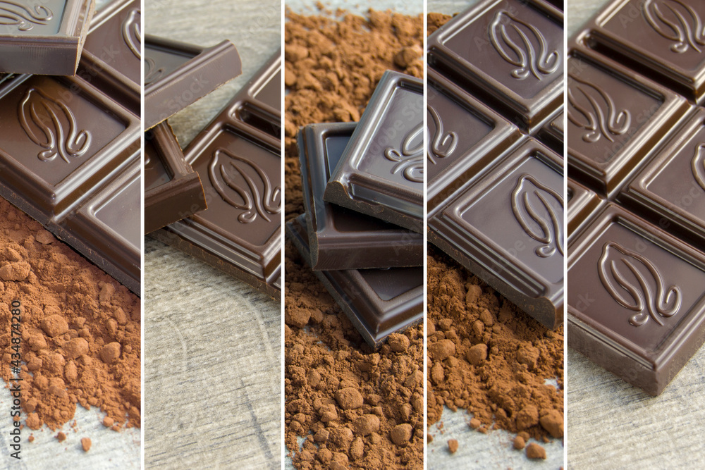collage of five photos of chocolate. fragments of photographs of a ...