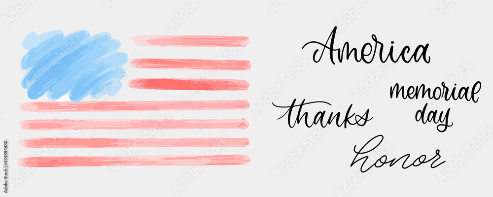 Hand drawn american flag. Memorial day text lettering. Handwritten ...