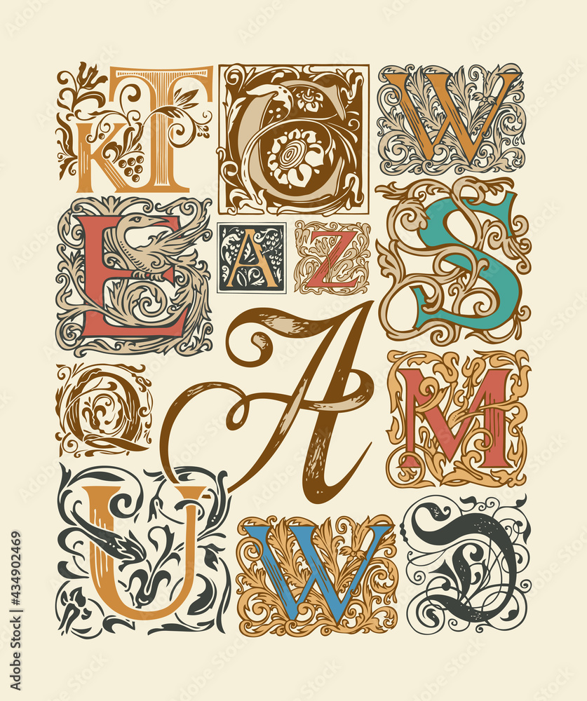 Vector set of ornate initial letters with Baroque ornaments. Hand-drawn ...