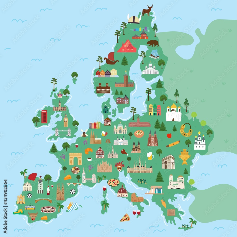 Vetor de Illustrated map of Europe continent with famous landmarks and ...