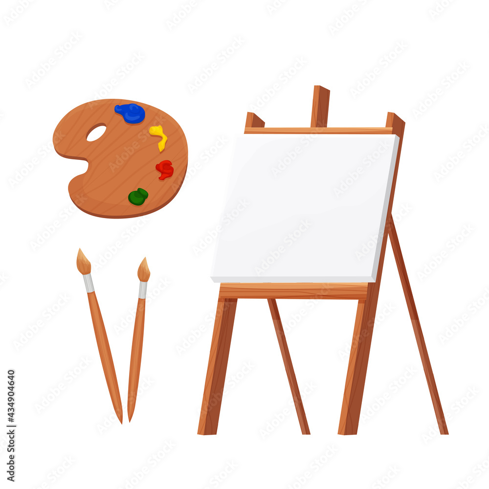 Set wooden easel empty blank paper mock up with palette and brushes in ...