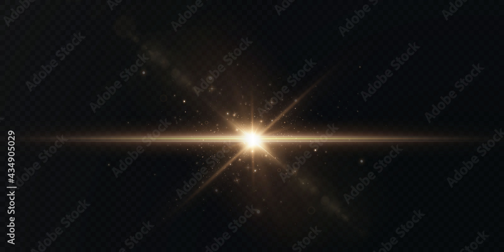 Light rays of light horizontal golden color with glare and flashes ...