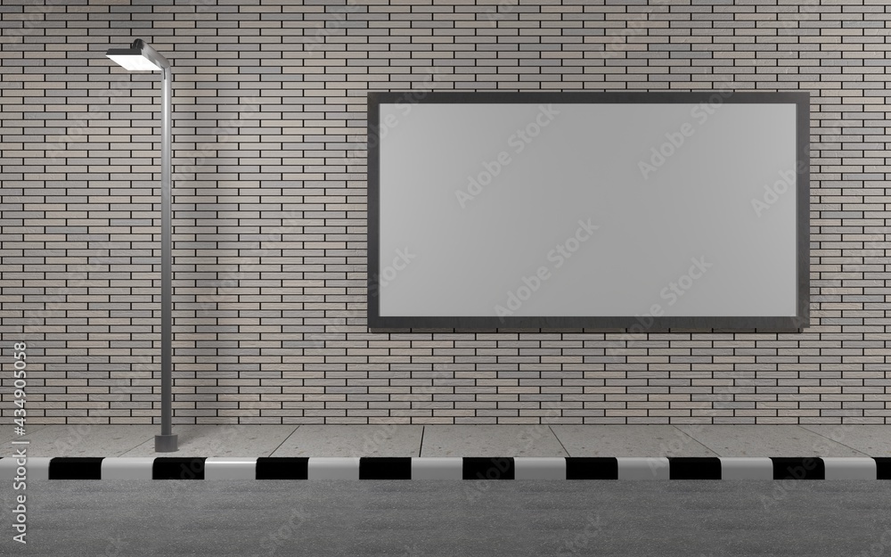 Mockup poster in road side with street light, brick wall, sidewalk, and ...