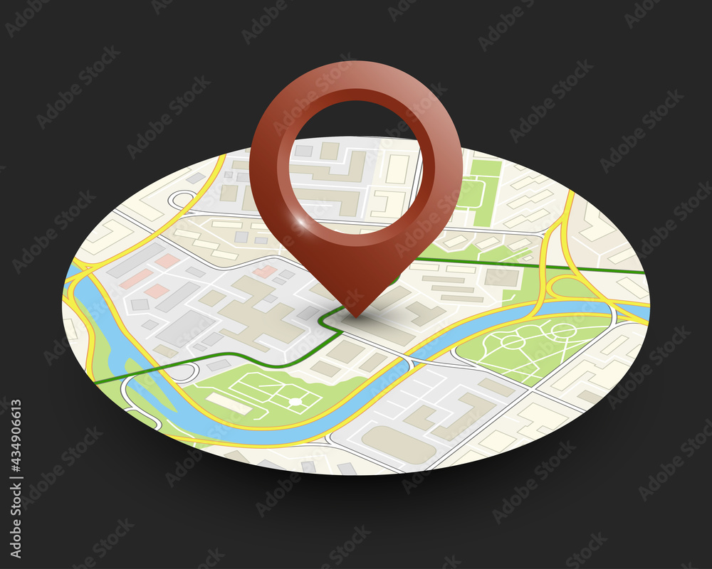 Isometric round city map navigation, point marker background, flat ...