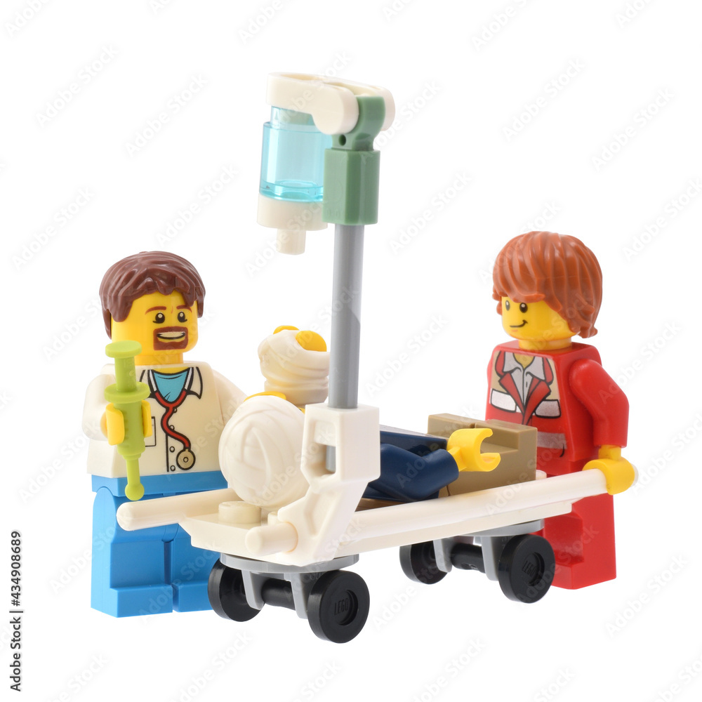 Lego minifigure doctor emergency and injured patient on stretcher ...