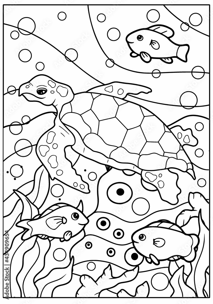 Vector illustration of coloring page. Sea animals: turtle with fishes ...