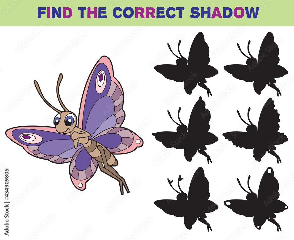 Cartoon illustration of butterfly. Find the correct shadow. Cartoon ...