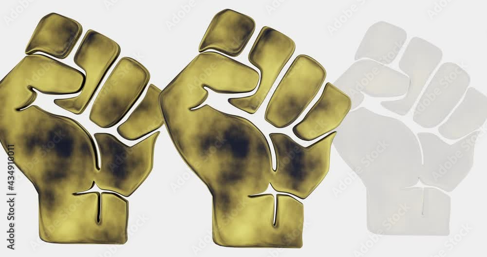 3d animation symbol of gold iron metallic fist on white background ...