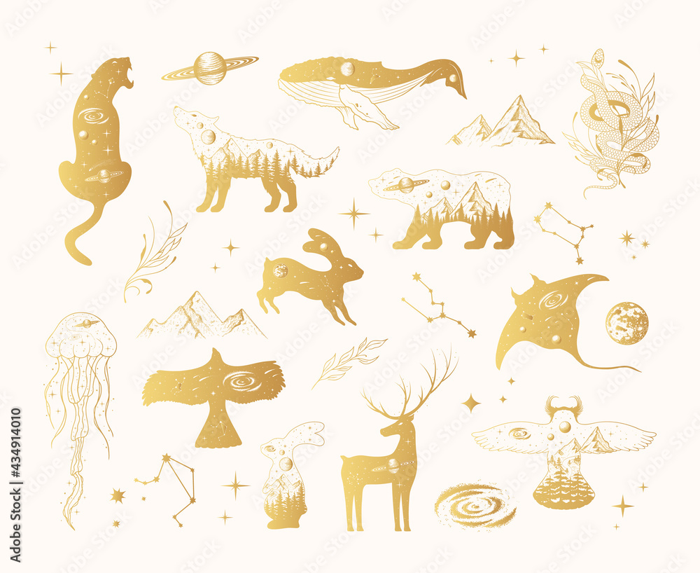 Hand drawn vector isolated illustration of golden celestial animals ...