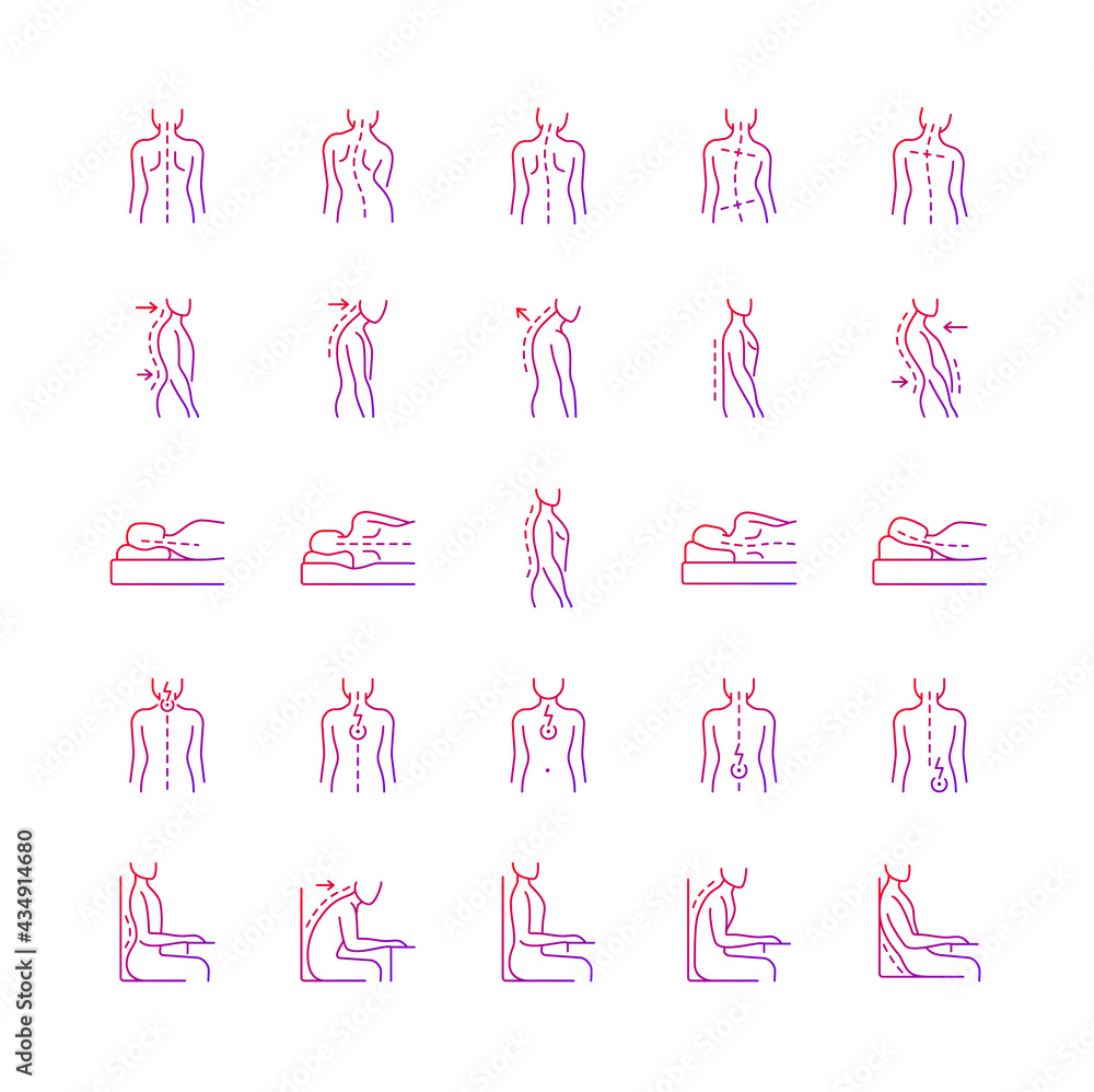Back and posture problems gradient linear vector icons set. Spinal ...