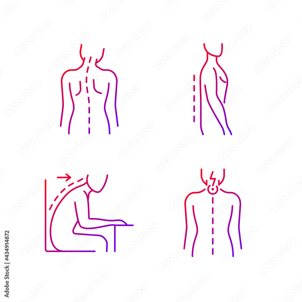 Bad posture problems gradient linear vector icons set. Head tilt ...