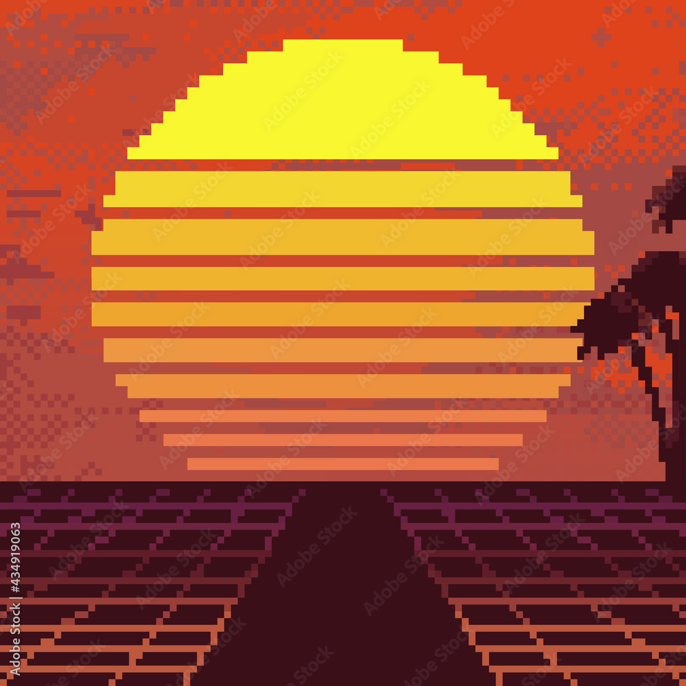 Retro Wave Sci-Fi Background with Sunrise or Sunset. Pixel art 80s ...