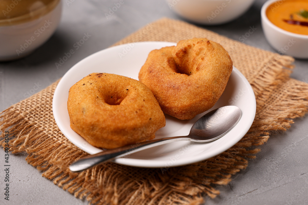 Medu Vada with tiffin sambar coconut chutney savoury fried snack of ...
