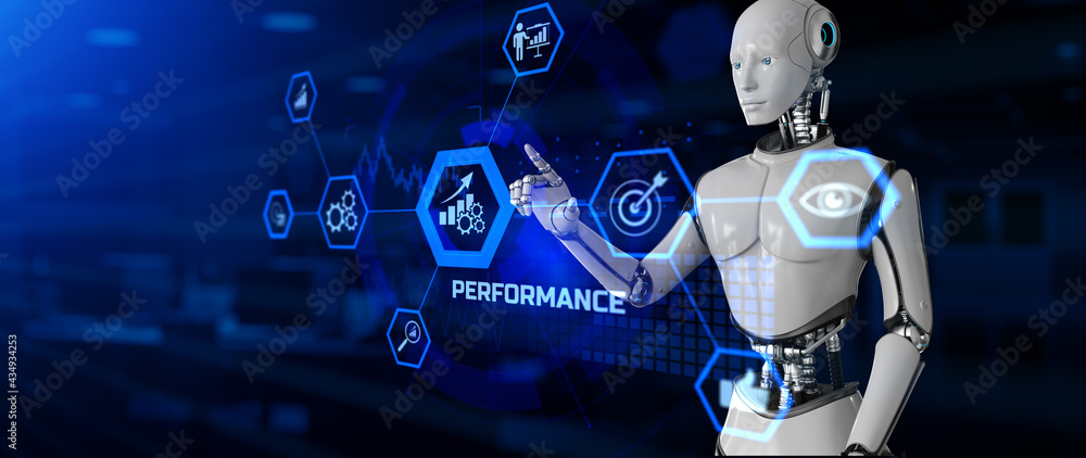 Performance Efficiency KPI Business development concept. Robot pressing button on screen 3d ...