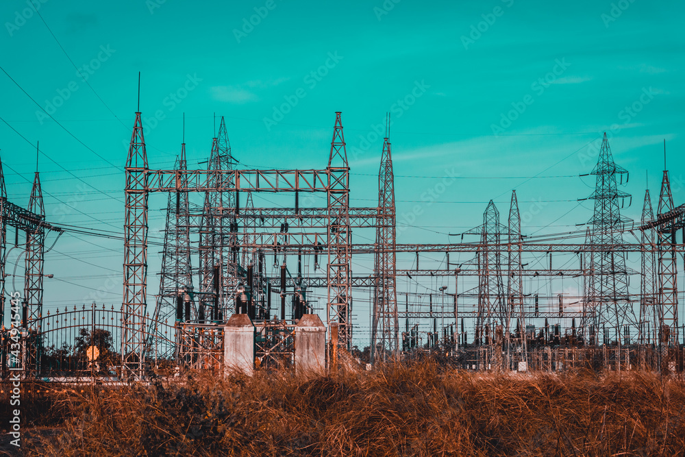 High voltage Electrical substation with steel frames, insulators and ...