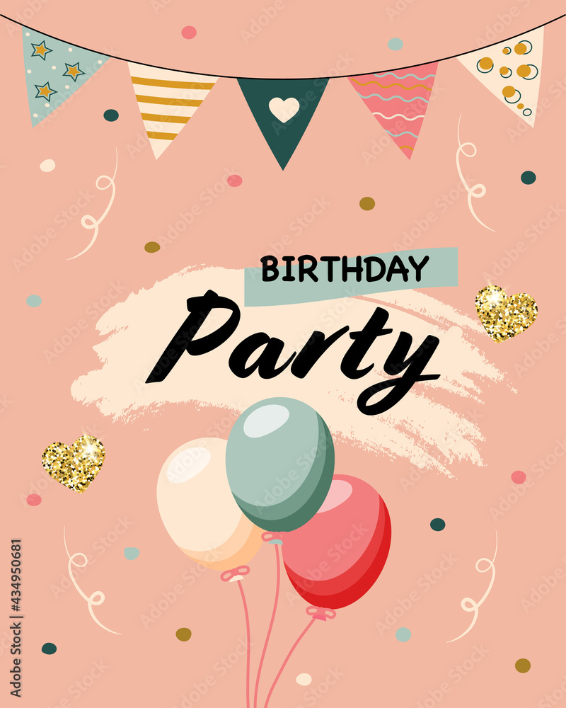 Birthday party invitation card with glitter, balloons, confetti and ...