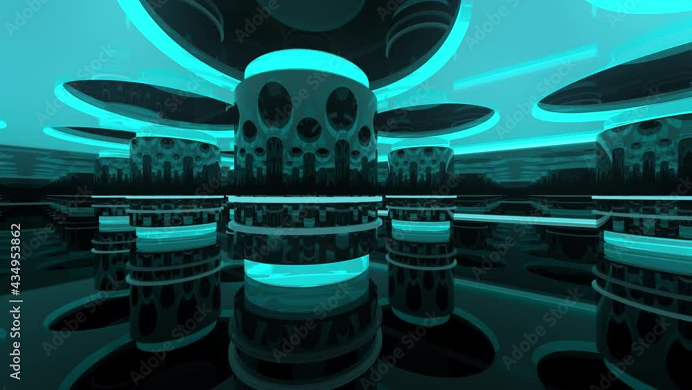 Futuristic abstraction of the future, 3d animation of glowing pillars ...
