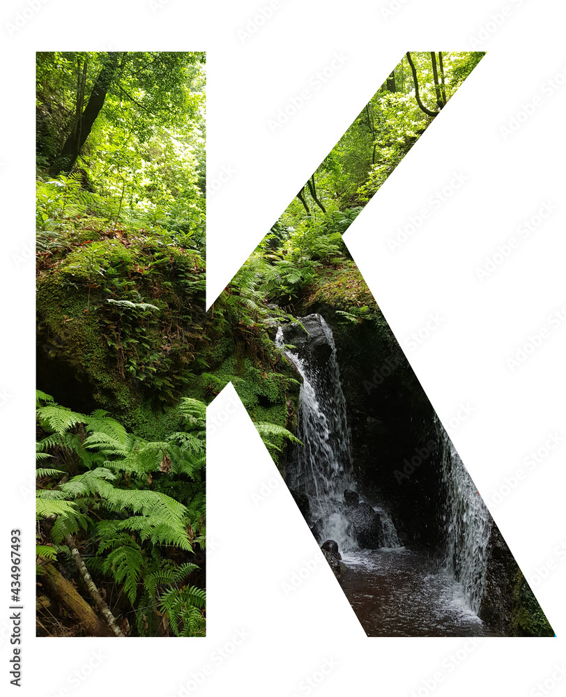 Letra rellena con fotografía de una selva amazónica o volcánica como ...