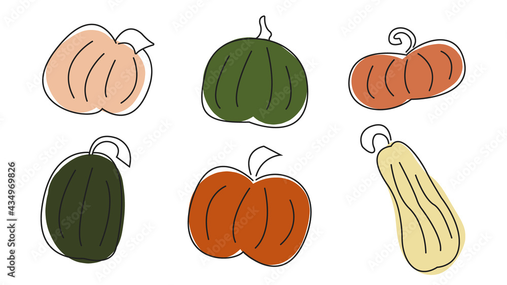 Set of simple colorfull hand drawn doodle icons with autumn pumpkins ...