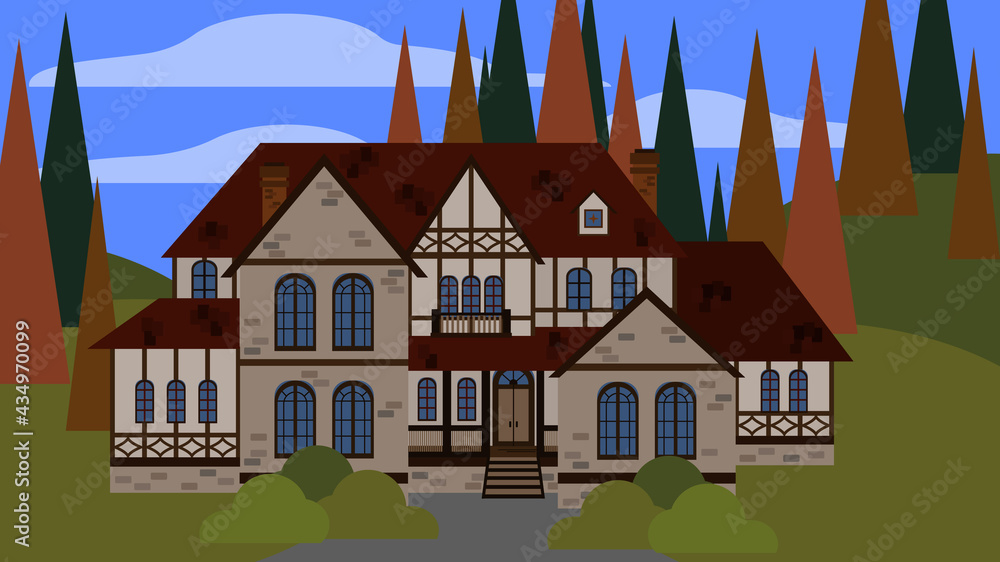 Large family house in Tudor style. Detailed flat illustration of an old ...