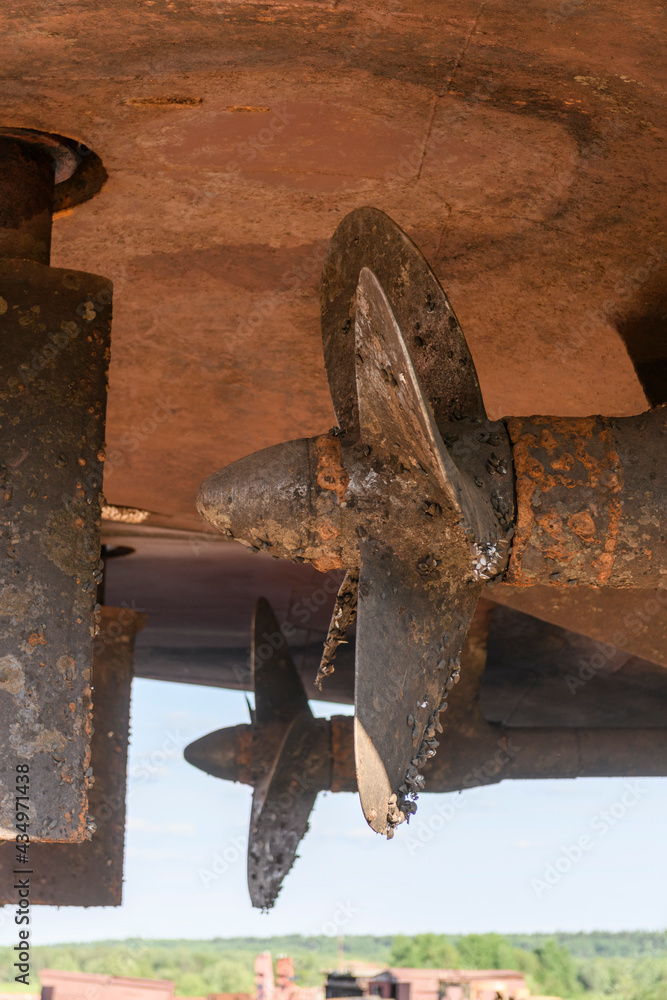 Fixed blade propeller and rudder with shells. Cargo vessel ashore on ...