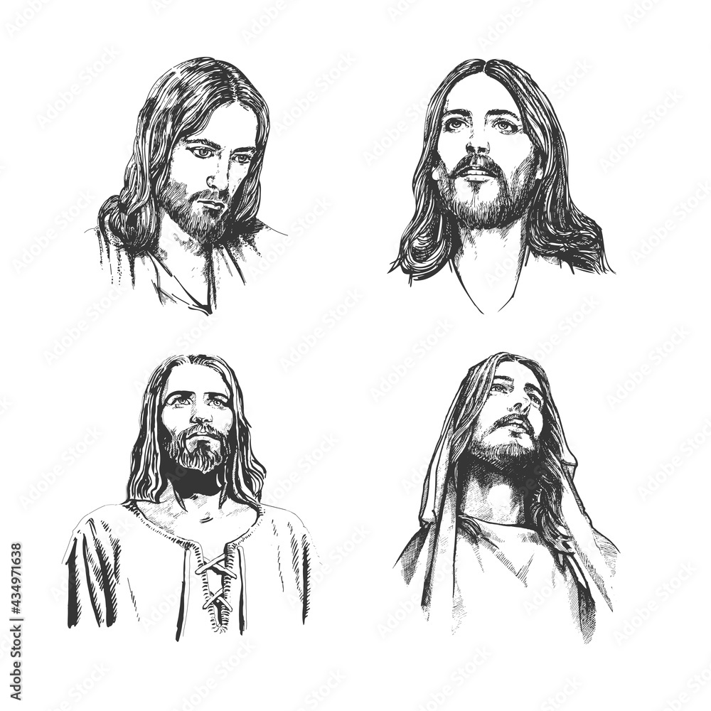 Jesus Christ, set of graphic portraits. Hand drawing. Vector Stock ...