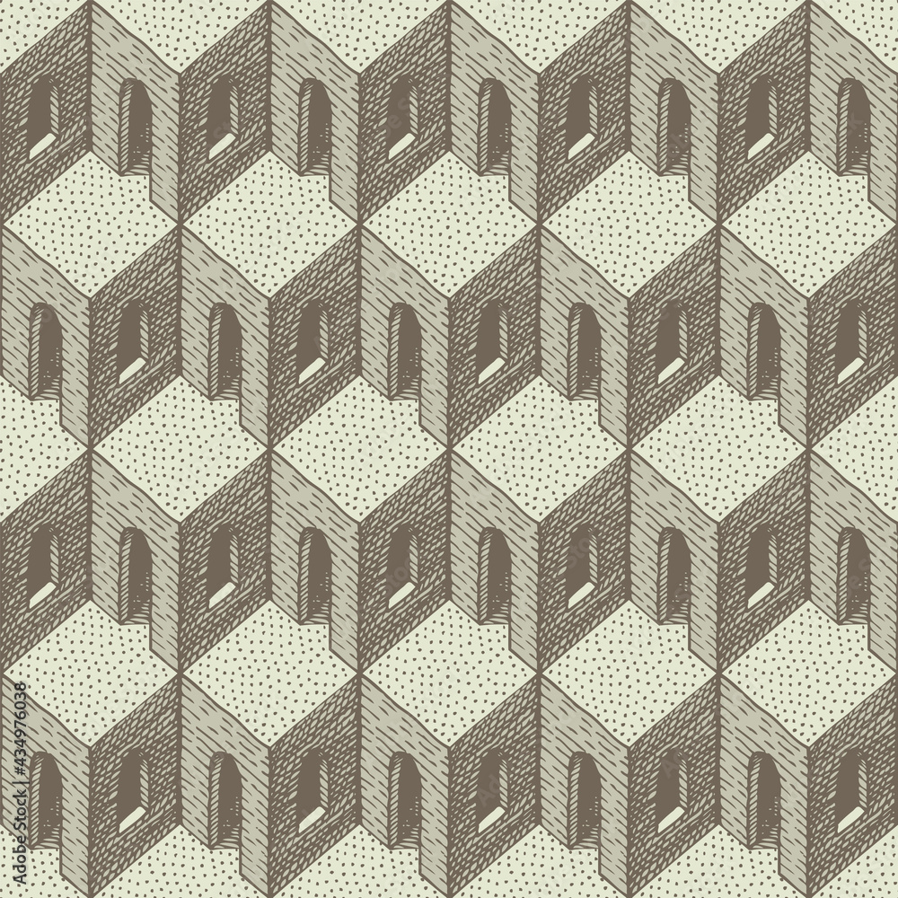 Seamless pattern with hand-drawn 3D architectural elements. Repeating ...