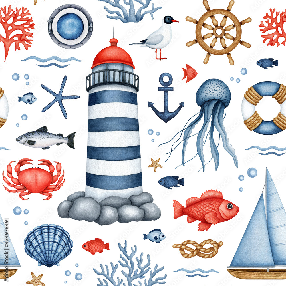 Watercolor Nautical seamless pattern. Hand drawn Lighthouse, Sailboat ...