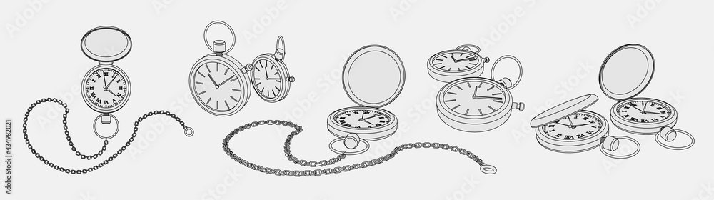 Coloring page set with realistic 3d models of pocket watches ...