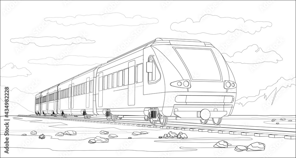 Vector coloring page with 3d model modern high-speed train and bright ...