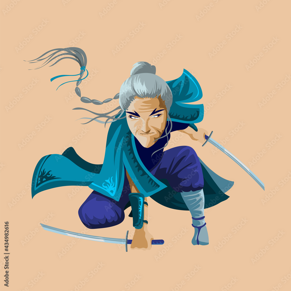 Ancient cartoon warrior fighter soldier and military old woman in blue ...