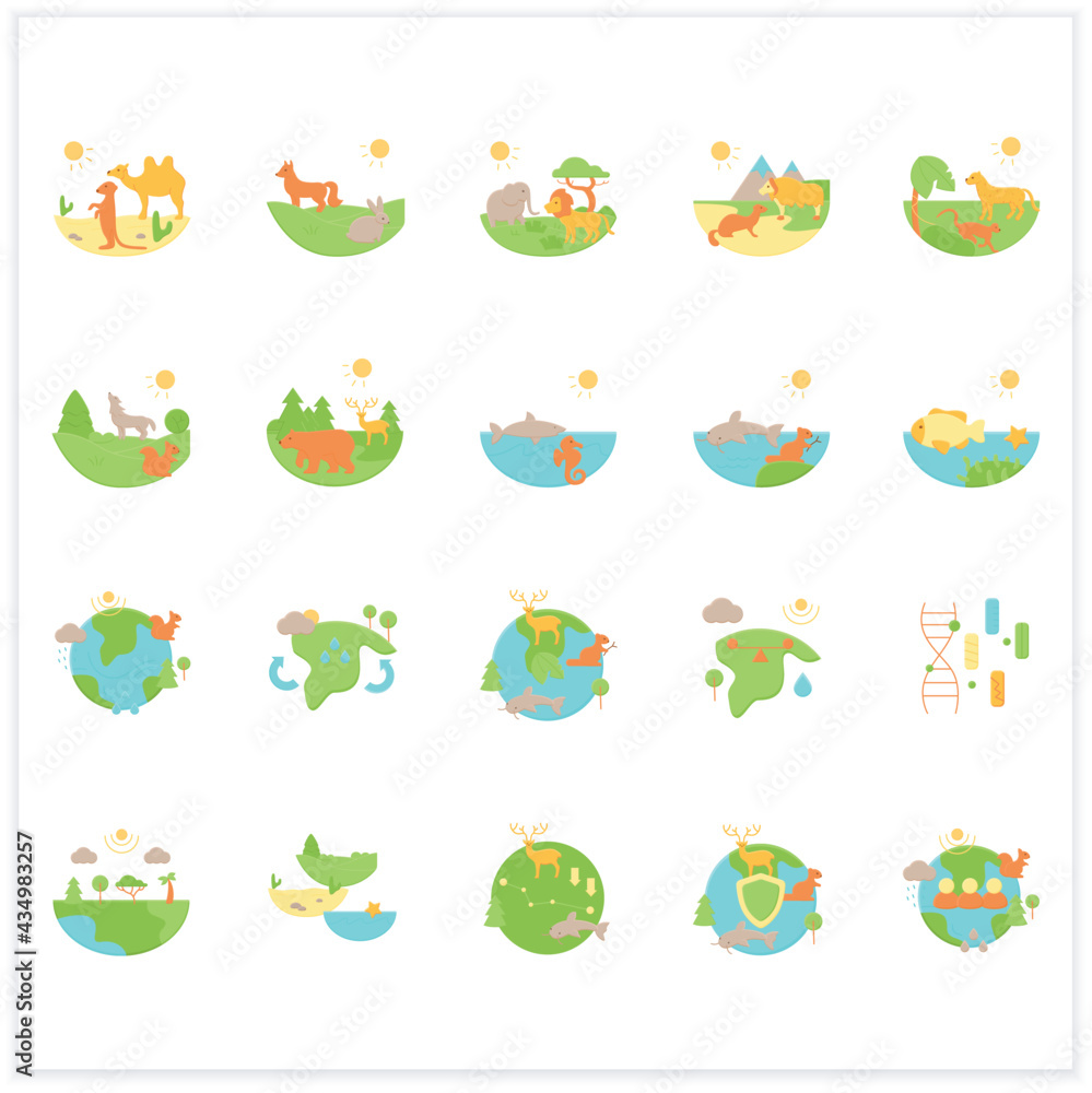 Biodiversity flat icons set. Consists of desert, grassland, tundra ...