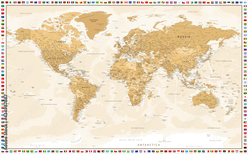 Golden Spotted Color World Map. All Flags of the World Around the Map ...