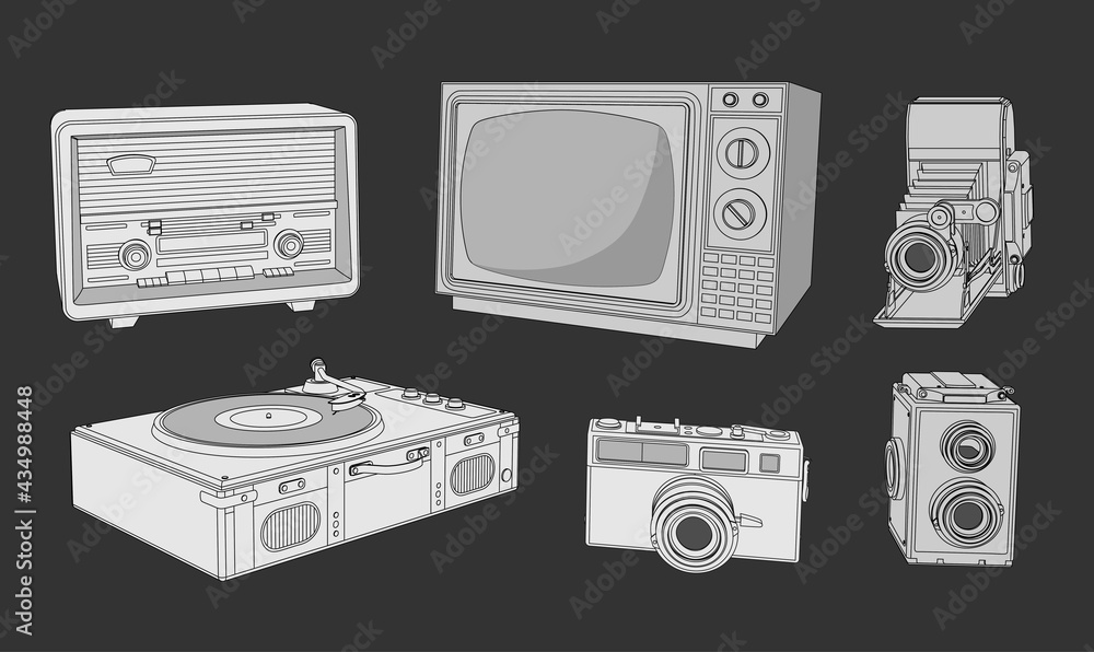 Retro appliances, set of vintage machinery. Coloring page with ...