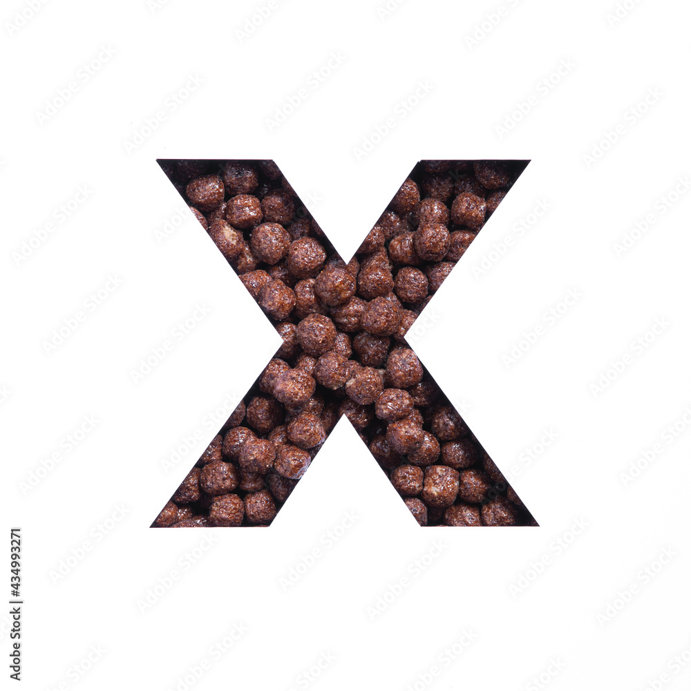 Letter X of alphabet made of bio chocolate cereal balls and paper cut ...