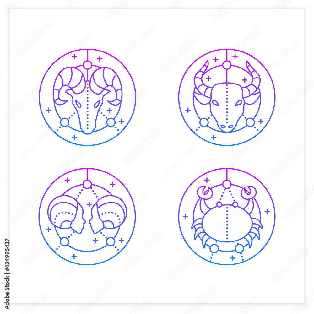 Zodiac gradient icons set.Fourth fire signs in zodiac. Birth symbols ...
