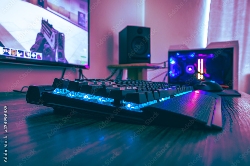 Modern gamer setup with keyboard and hardware with Leds with Counter ...