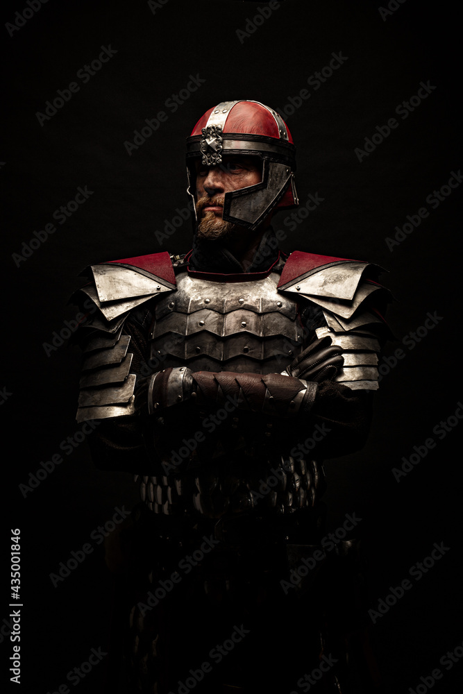Portrait of a medieval fighter from the front, his head to the side ...