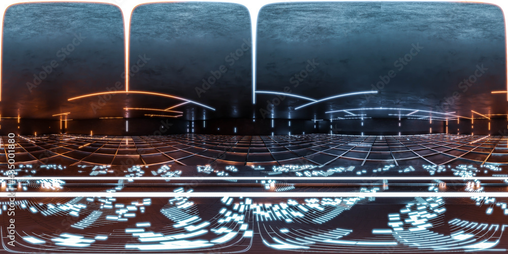 full 360 degree panorama of industrial hall with neon lights and ...