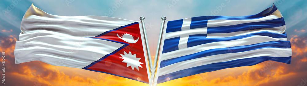 Nepal flag and Greece Flag waving with texture sky Cloud and sunset ...