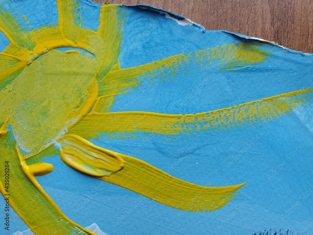 Yellow sun on blue background. Kids painting created by 5s child using ...