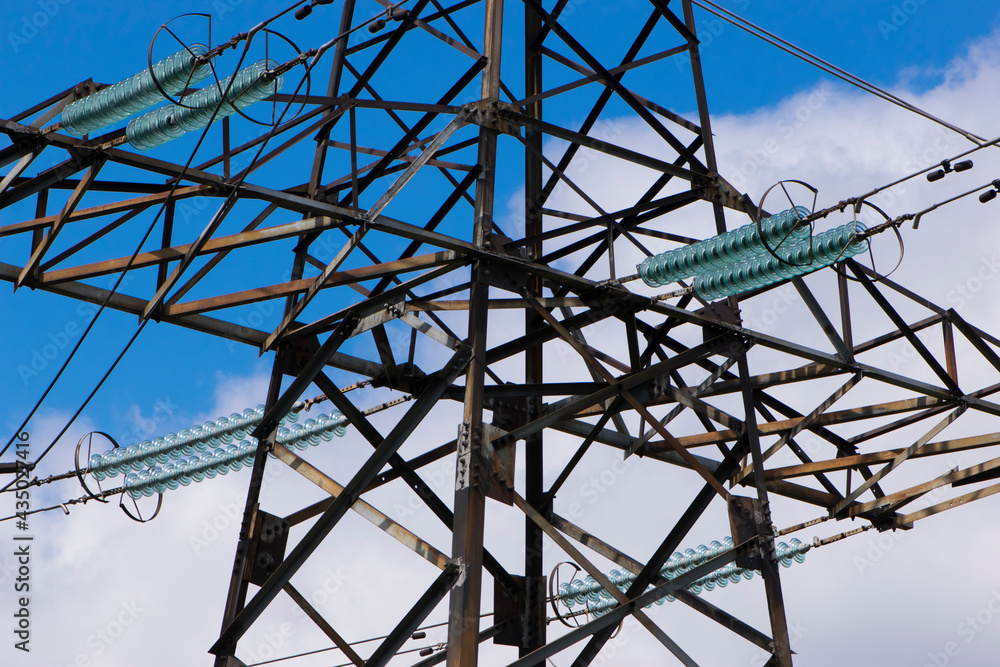 power line construction of cable supports and insulators. High voltage ...