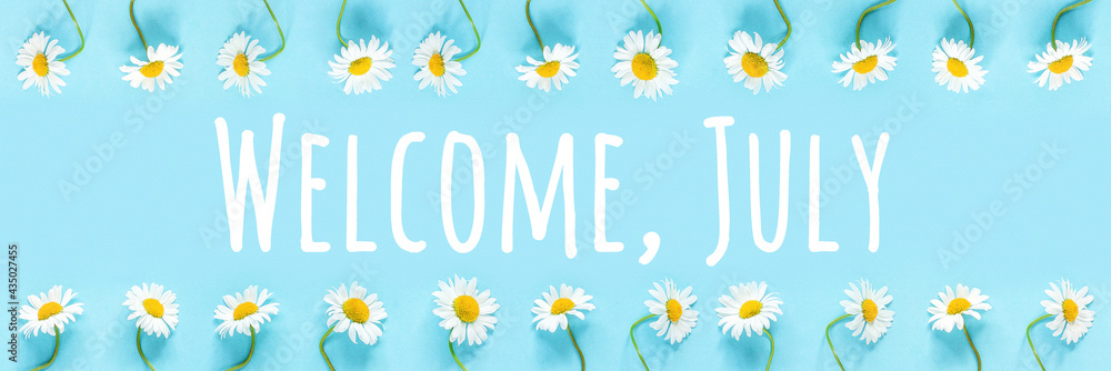 Welcome, July text in frame from chamomile flowers on blue background ...