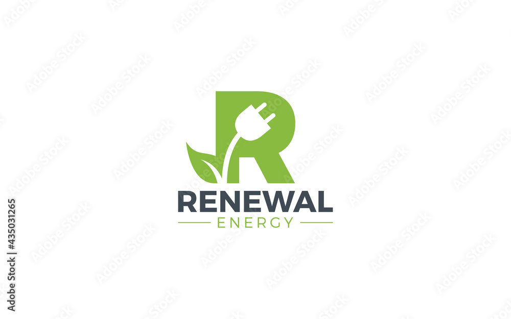 Letter R logo formed negative space of electric plugs with green color ...